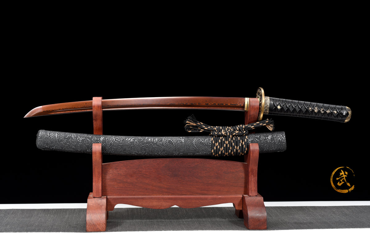 JIHPEN sword - Handmade Wakizashi Sword Red Damascus steel With Black ...