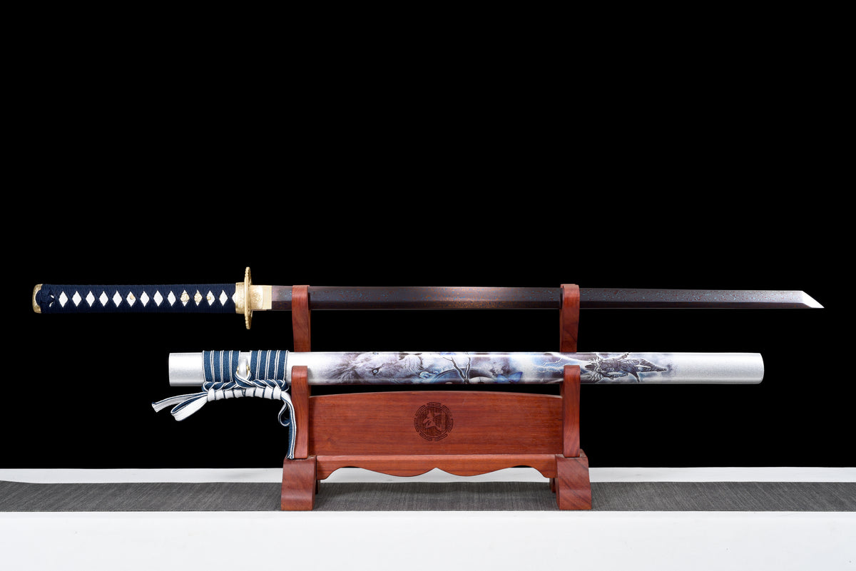 JIHPEN sword - Handmade Ninjato Sword Red Damascus steel steel Full Ta ...